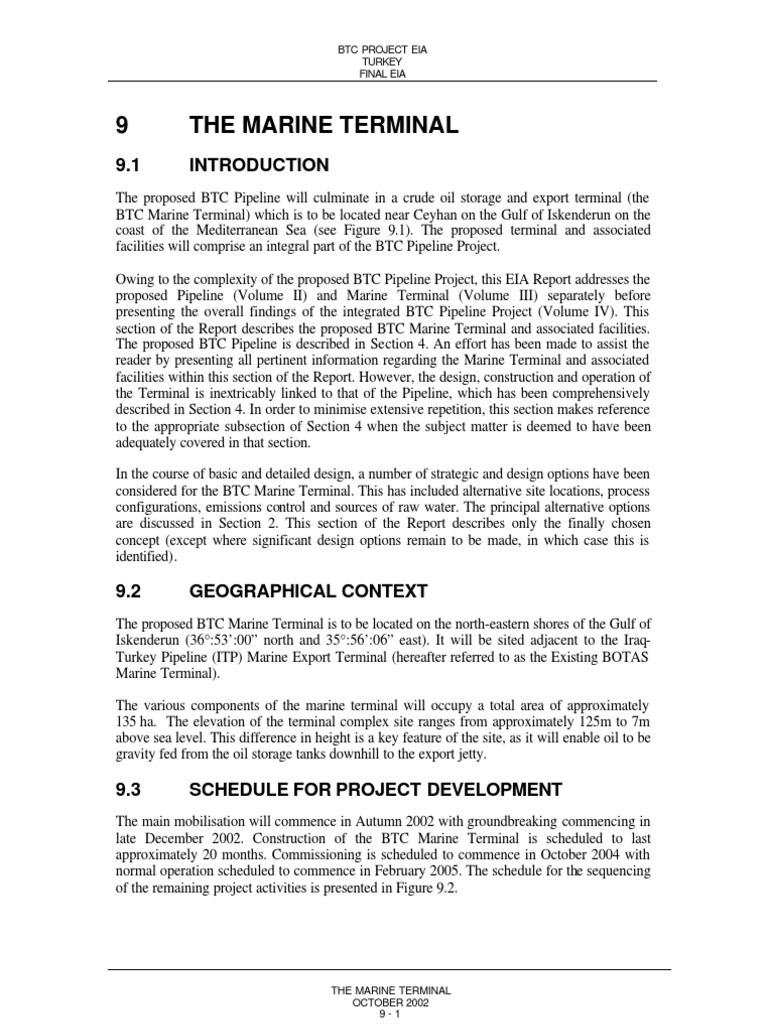 9 The Marine Terminal: BTC Project Eia Turkey Final Eia | PDF ...