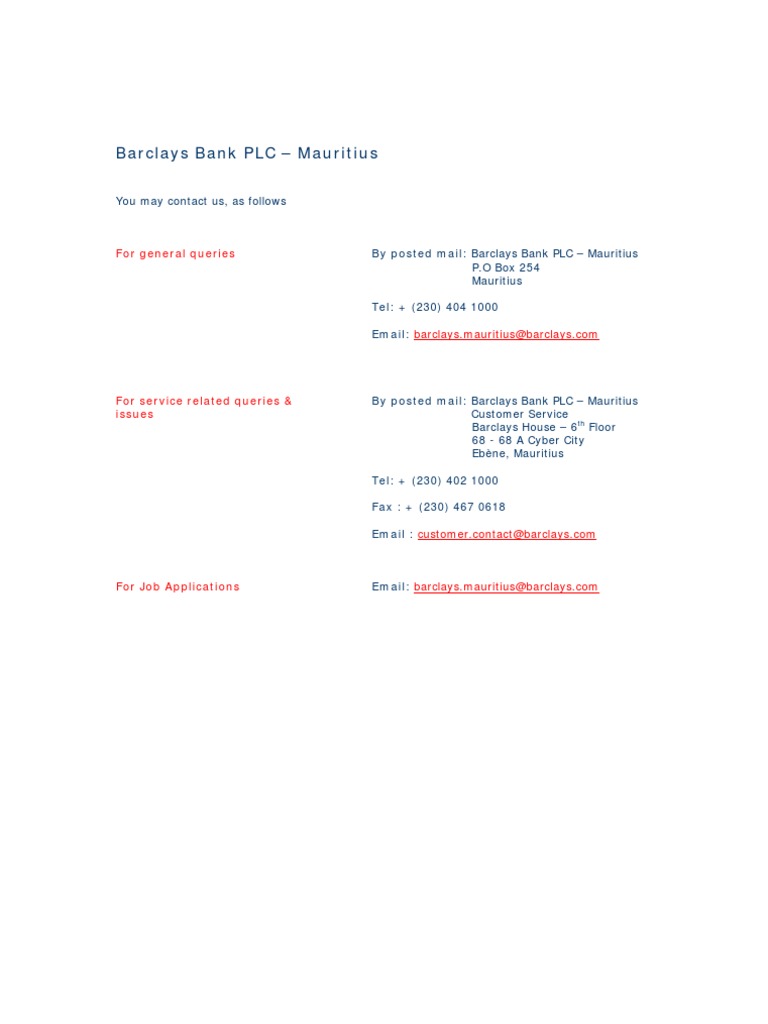 Contact Barclays Bank Mauritius | PDF | Business