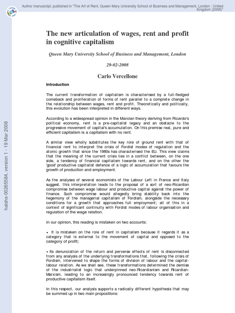 The New Articulation of Wages, Rent and Profit in Cognitive Capitalism ...