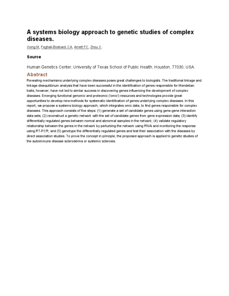 A Systems Biology Approach To Genetic Studies of Complex Diseases | PDF