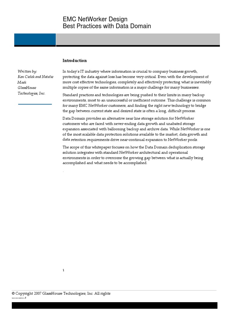DataDomain EMC Networker Whitepaper Best Practices | PDF | Backup | Replication (Computing)