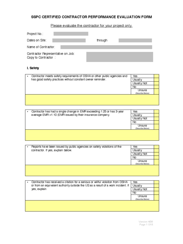Contractor Evaluation Form | PDF | Occupational Safety And Health ...