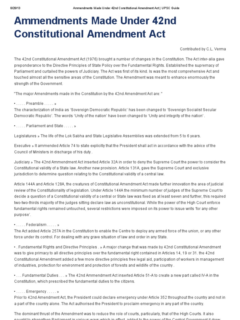 Ammendments Made Under 42nd Constitutional Amendment Act | PDF | Legal ...