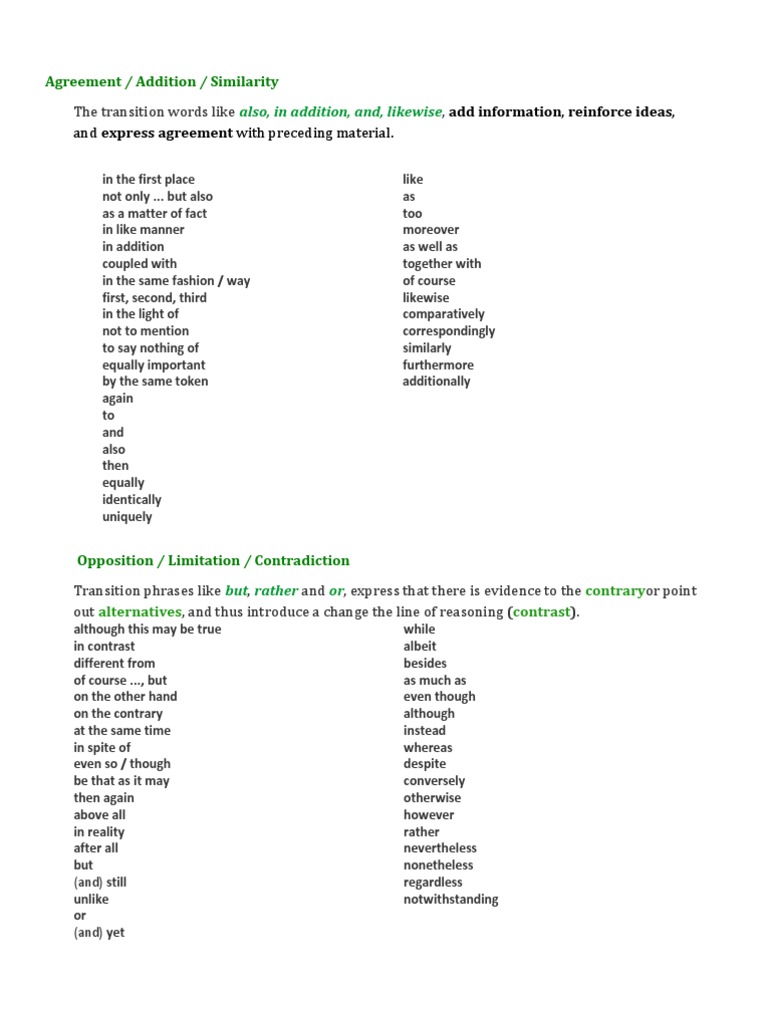 List of Transition Words | PDF | Phrase | Cognition