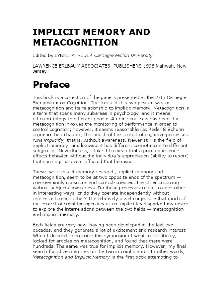 Implicit Memory and Metacognition | PDF | Priming (Psychology) | Memory