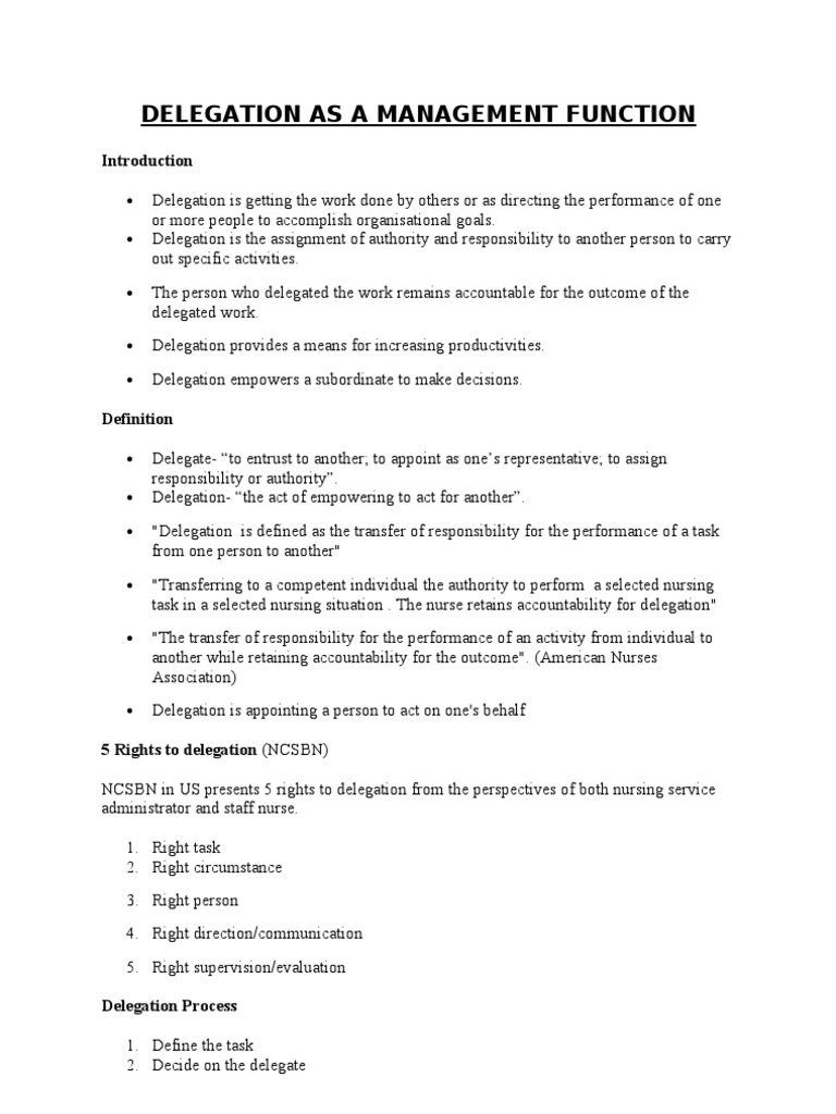 Delegation As A Management Function | PDF | Nursing | Employment