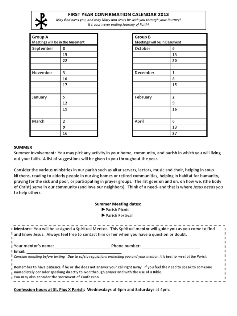 First Year Confirmation Calendar 2013 | PDF | Religion And Belief | People