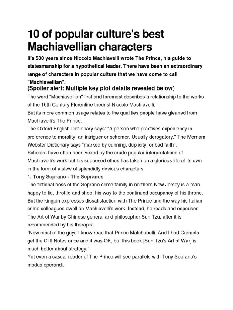 Top Machiavellian Characters in Culture | PDF | Niccolò Machiavelli ...