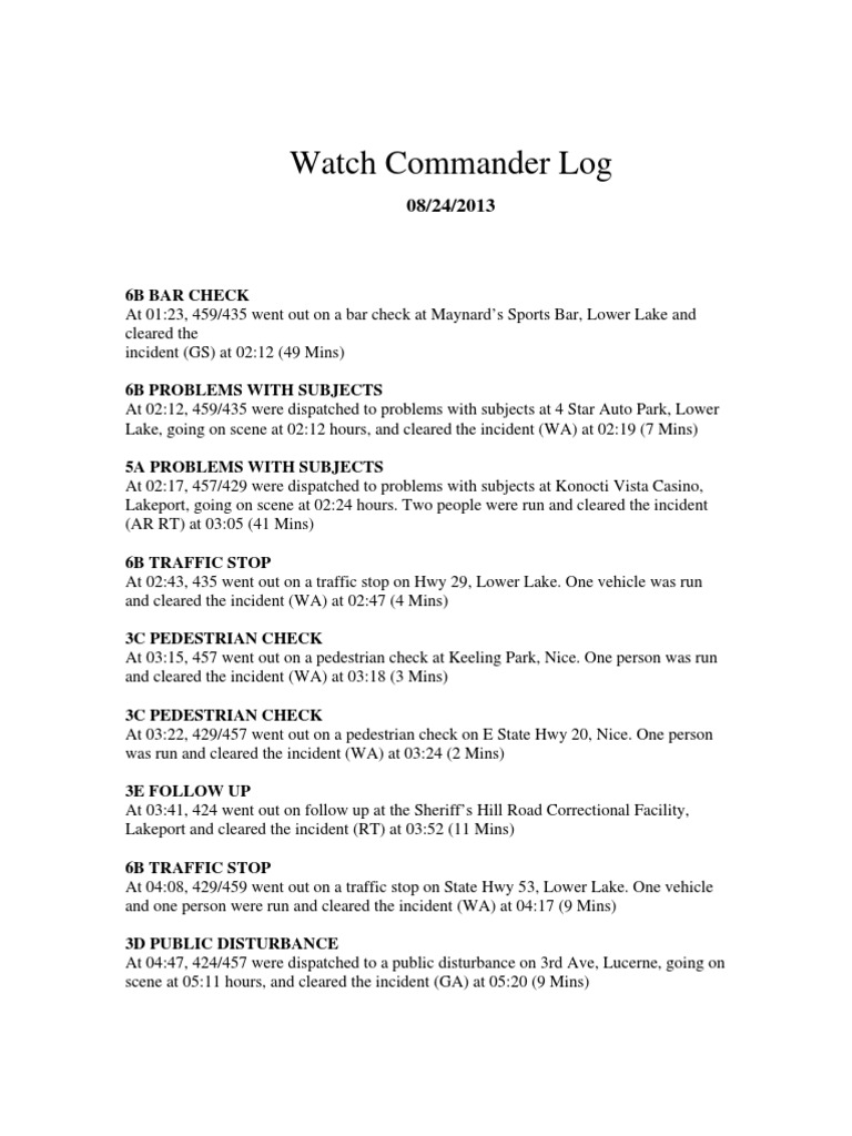 Lake County Sheriff's Watch Commander Logs | PDF | Traffic | Industries