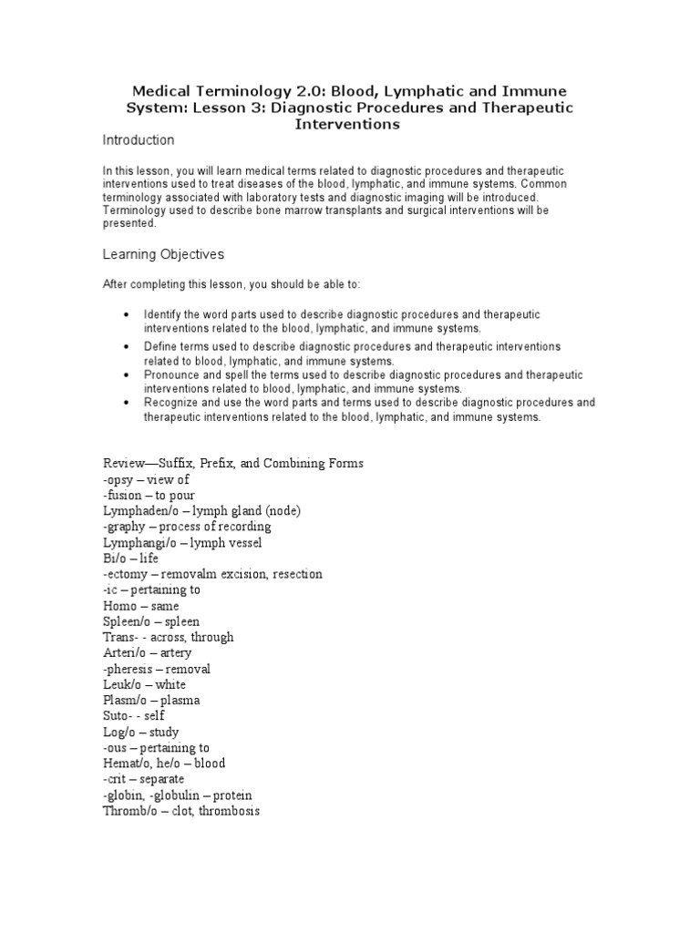 Medical Terminology 2 Blood, Lymphatic, Immune System Lesson 3 | PDF ...