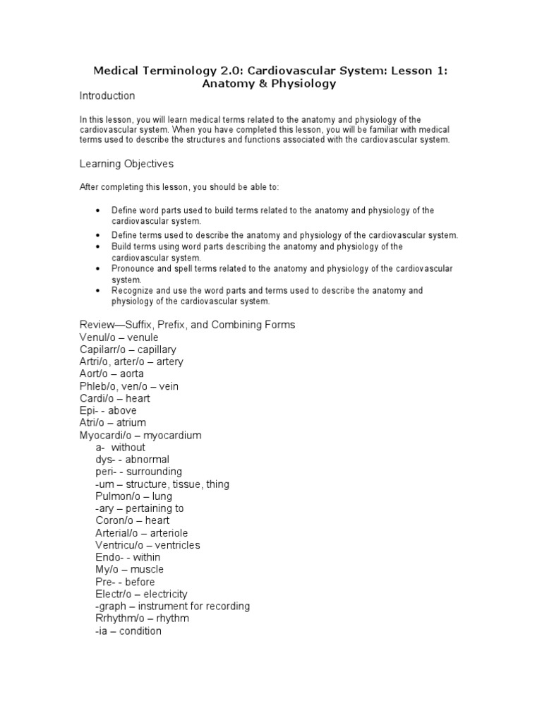 Cardiovascular System Terminology Guide | PDF | Heart | Circulatory System