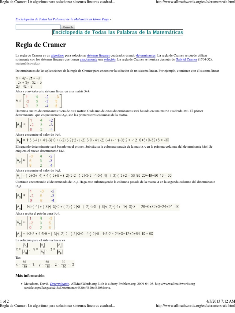Ejemplo de Regla de Cramer | PDF | Determinante | Matriz (Matemáticas)