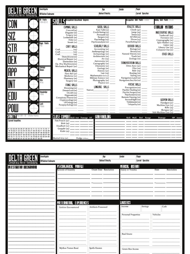 Delta Green Character Sheet Landscape | PDF