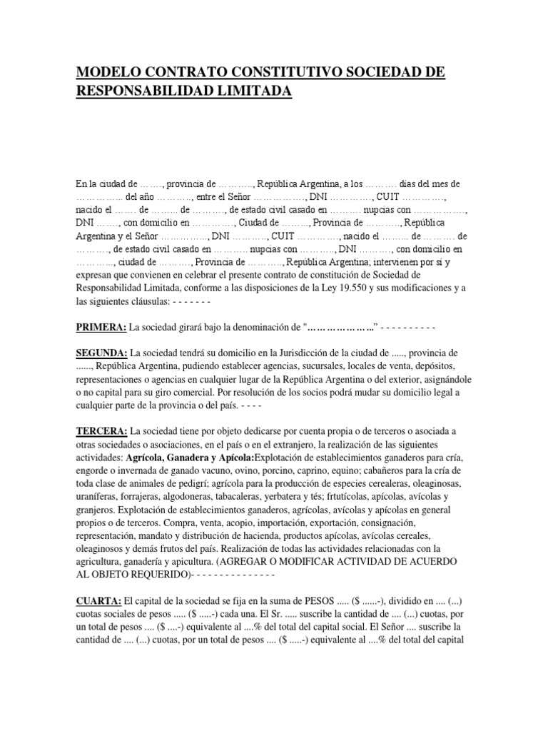 Modelo Contrato Constitutivo Sociedad de Responsabilidad Limitada | PDF | Sociedad de ...