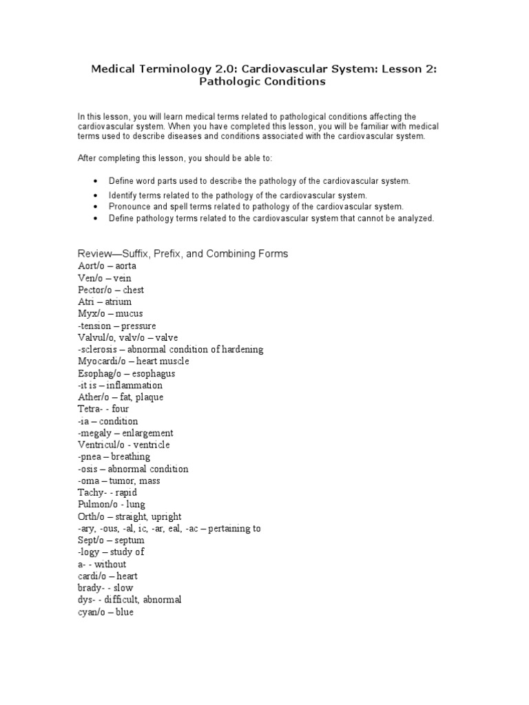 Medical Terminology 2 Cardiovascular System Lesson 2 | PDF | Heart ...