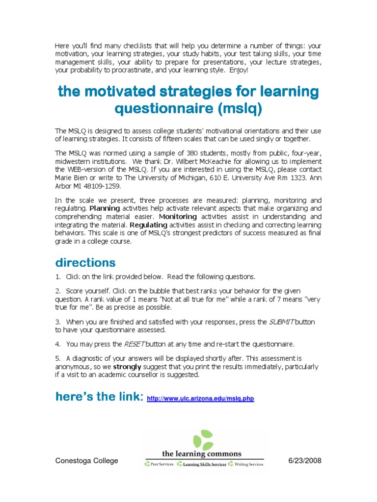MSLQ: Assessing College Student Motivation | PDF | Lecture | Test ...