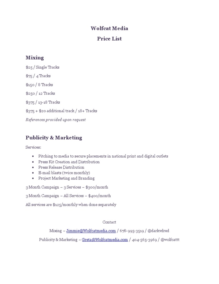 Wolfcat Media Price List | PDF