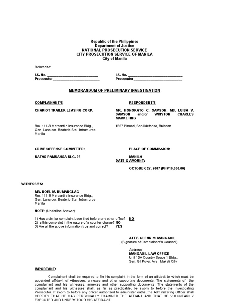 Complaint Affidavit Bp22 Case | Affidavit | Cheque