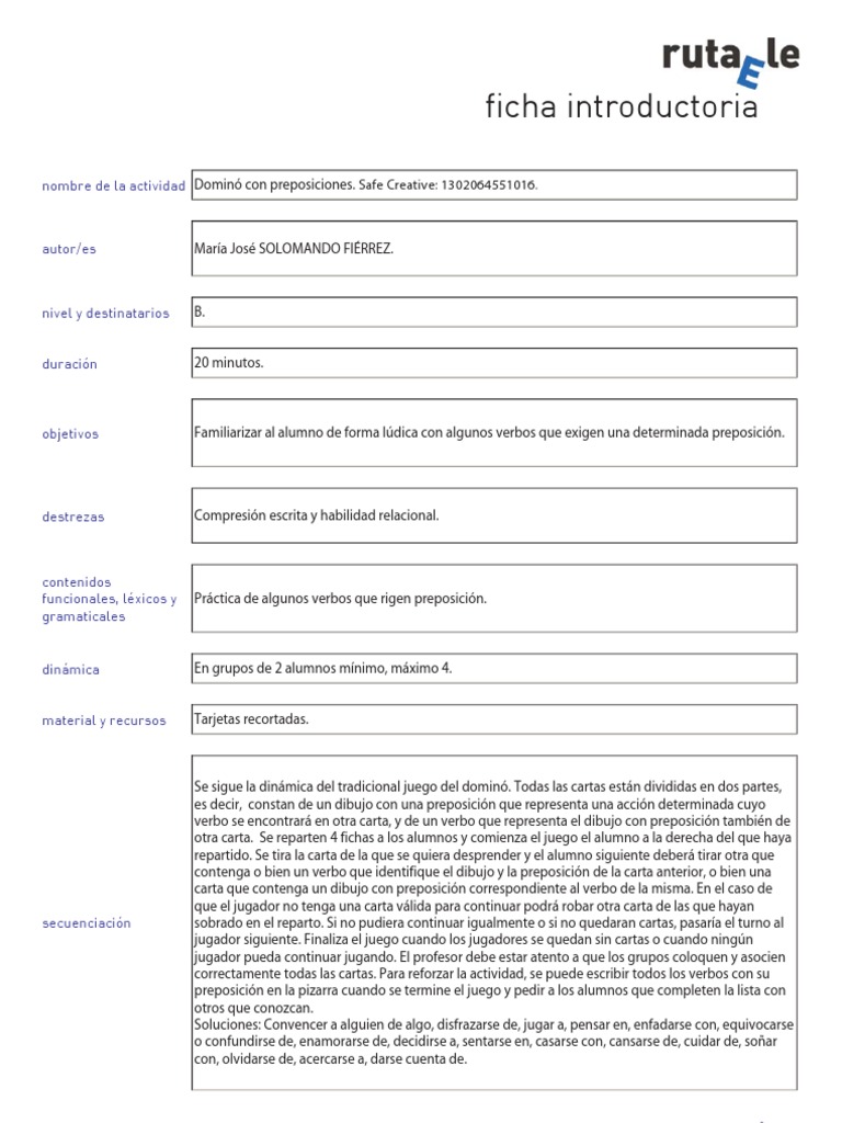 Domino Con Preposiciones y Verbos | PDF | Verbo | Juego de azar