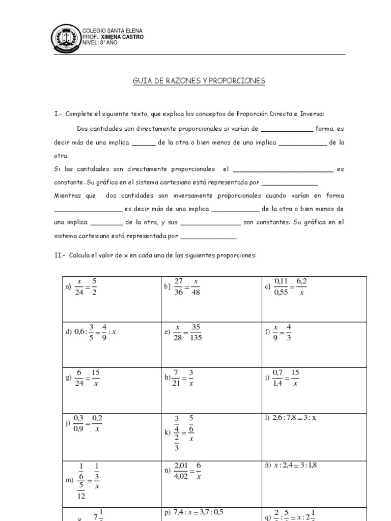 Guía de Razones y Proporciones 8° Año | PDF | Arte