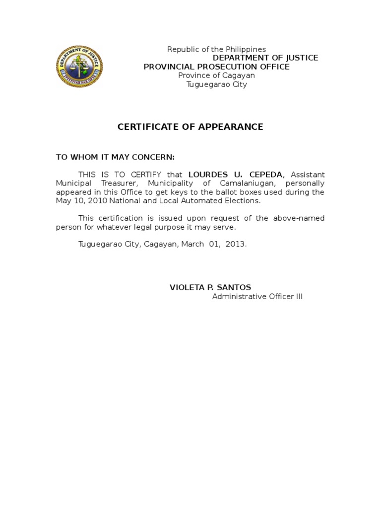 Certificate Of Appearance Template