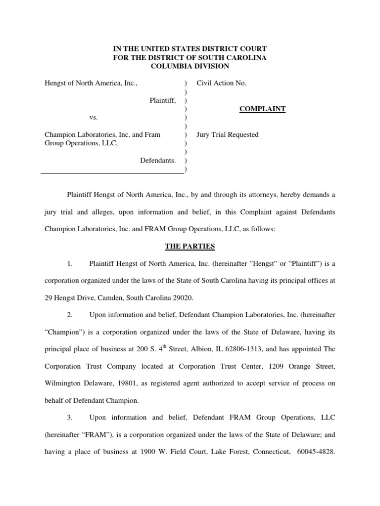 Patent Infringement Case: Hengst vs. Champion & FRAM | PDF | Law | Home ...