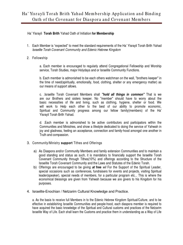 Ha Yisrayli Torah Brith Yahad Membership Application | PDF | Covenant ...