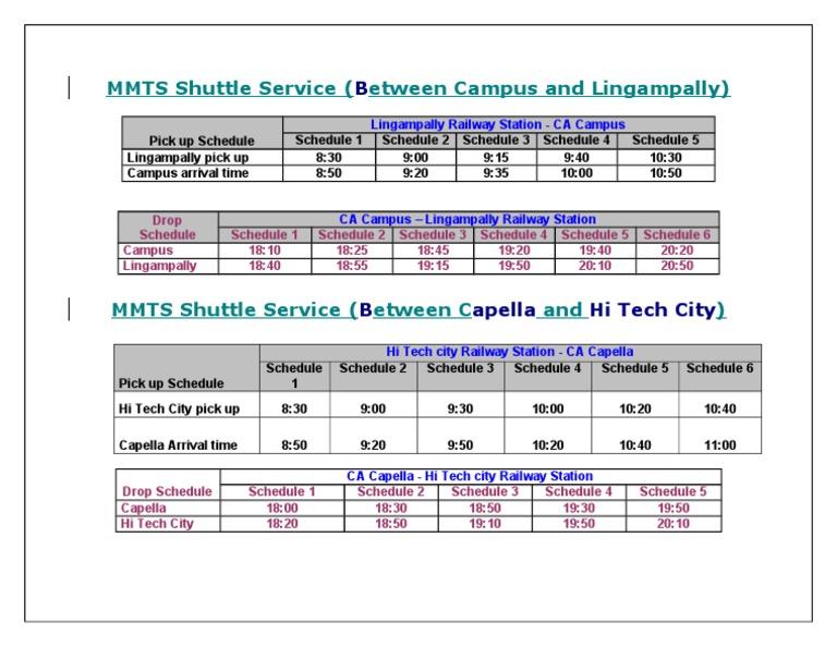 MMTS Shuttle Service Schedules | PDF