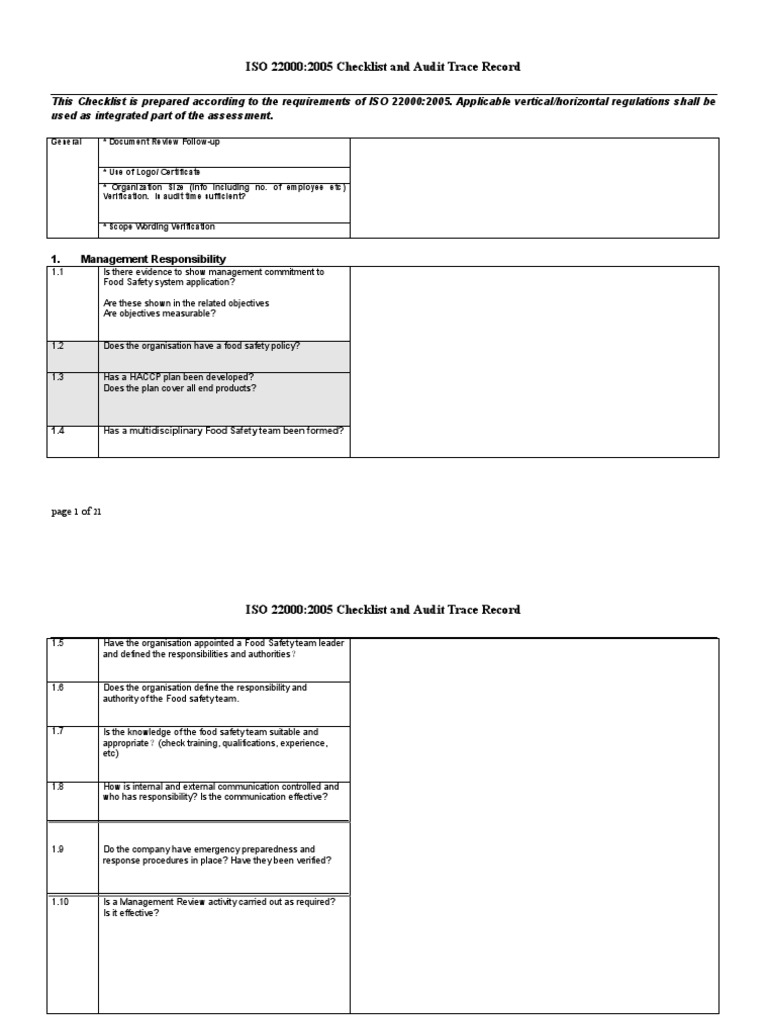 Checklist ISO 22000 | PDF | Verification And Validation | Hygiene