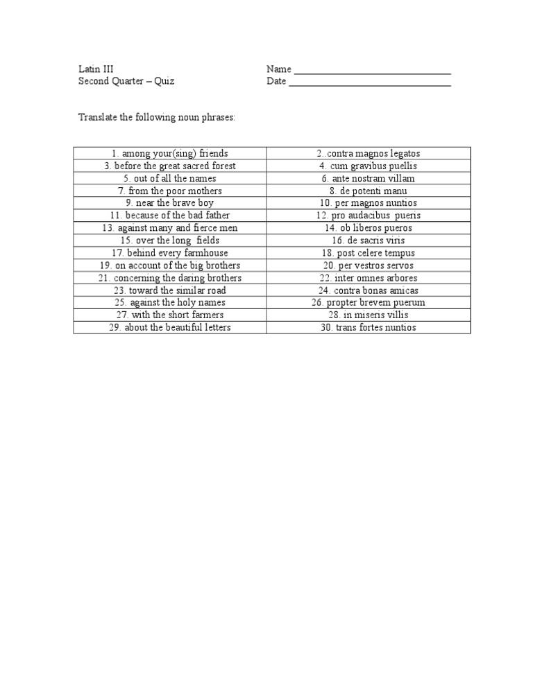 Latin III Second Quarter Quiz: Noun Phrases | PDF