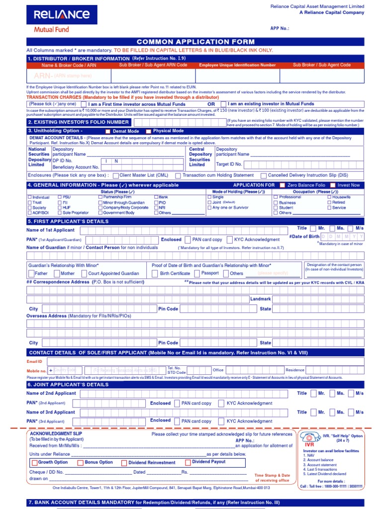 Reliance Mutual Funds Compelete Application Form | PDF | Cheque | Payments
