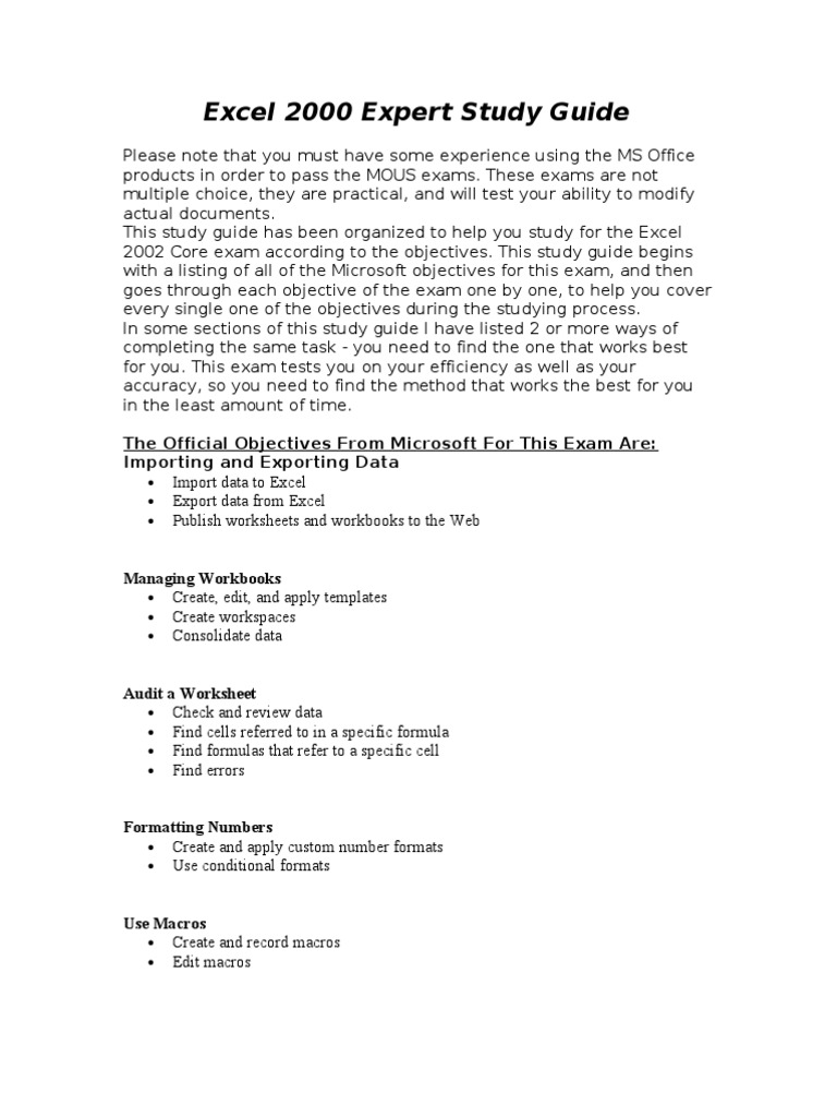 Excel 2000 Expert Study Guide | PDF | Microsoft Excel | Computer Data