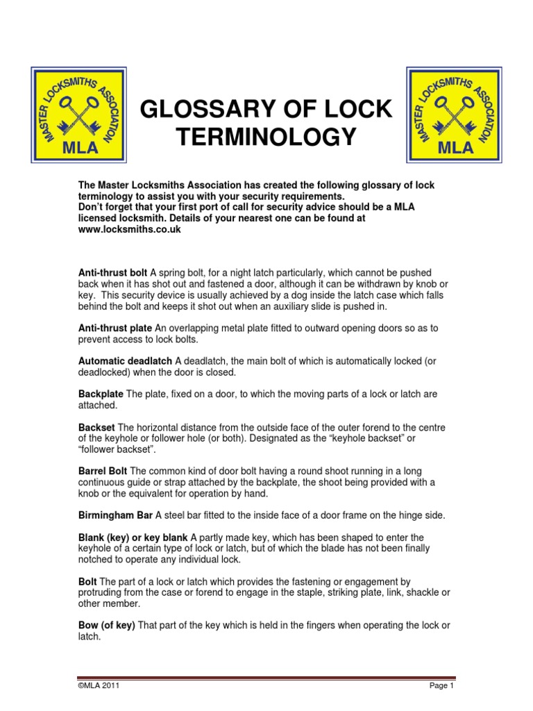 MLA Lock Related Jargon Buster | PDF | Lock (Security Device) | Door