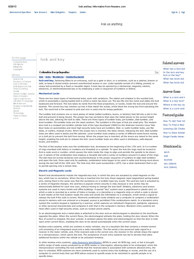 Lock and Key - Information From Answers | PDF | Lock (Security Device ...