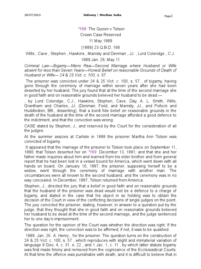 The Queen v. Tolson (1889) 23 Q.B.D. 168 | PDF | Mens Rea | Intention ...