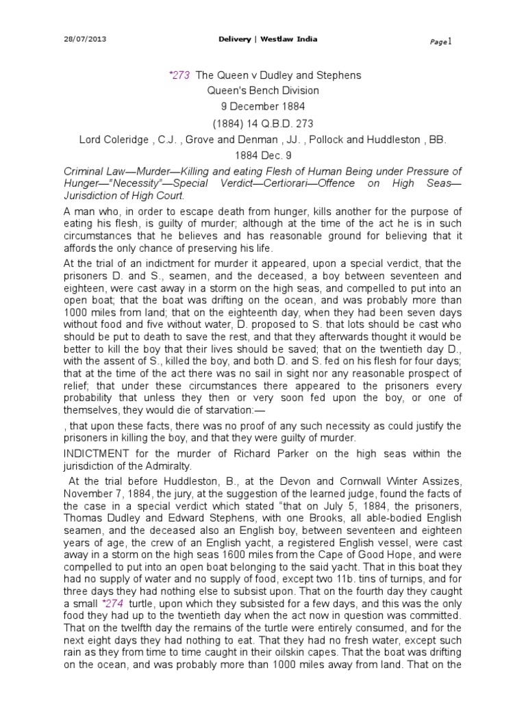 The Queen v. Dudley and Stephen 1884 14 Q.B.D. 273 | PDF | Murder | Assault
