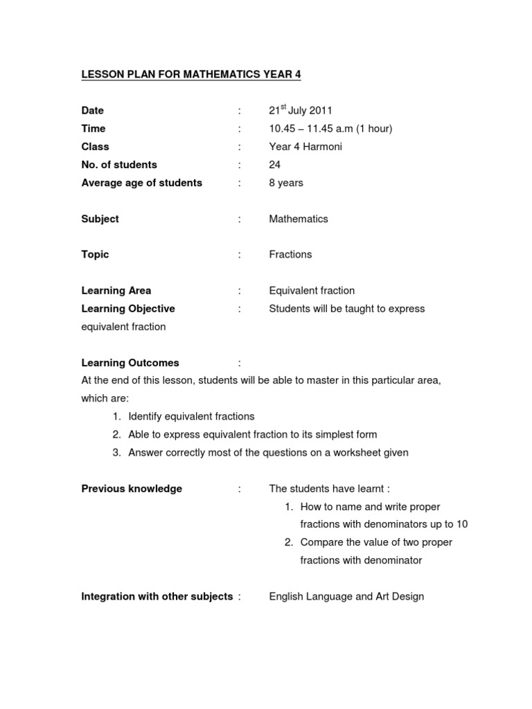 Lesson Plan For Mathematics Year 4 | PDF | Lesson Plan | Fraction ...