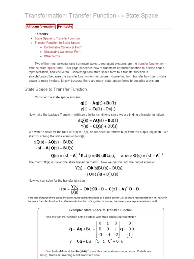 Transformation Transfer Function State Space Pdf Derivative