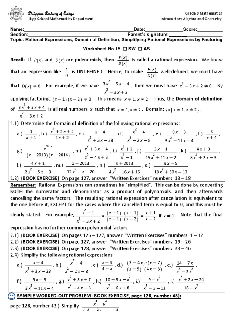 WS15 - Rational Expressions - Simplifying Rational Expressions | PDF ...