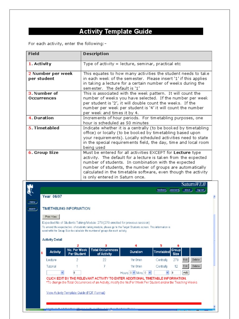 Activity Template Guide: Field Description - Activity Number Per Week ...