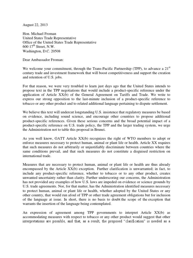 Letter To Ambassador Michael Froman Opposing Inclusion of Proposal ...