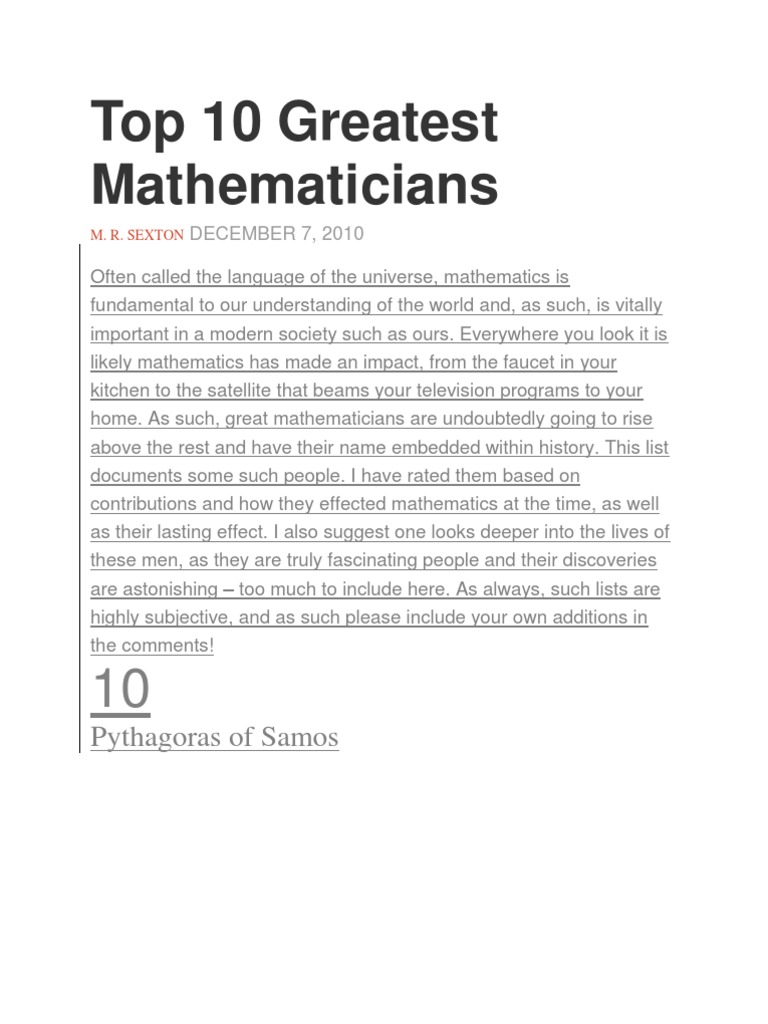 Top 10 Greatest Mathematicians Ever | PDF | Leonhard Euler | Teaching ...