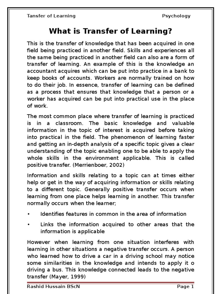 Transfer of Learning | PDF | Learning | Education Theory