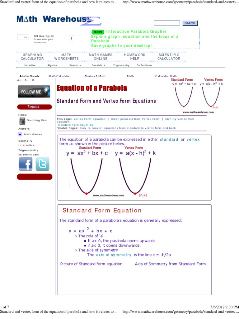 Standard and Vertex Form of The Equation of Parabola and How It Relates ...