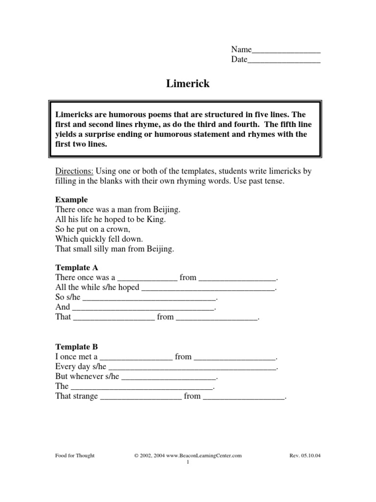Limerick: Food For Thought Rev. 05.10.04 1 | Download Free PDF | Haiku ...