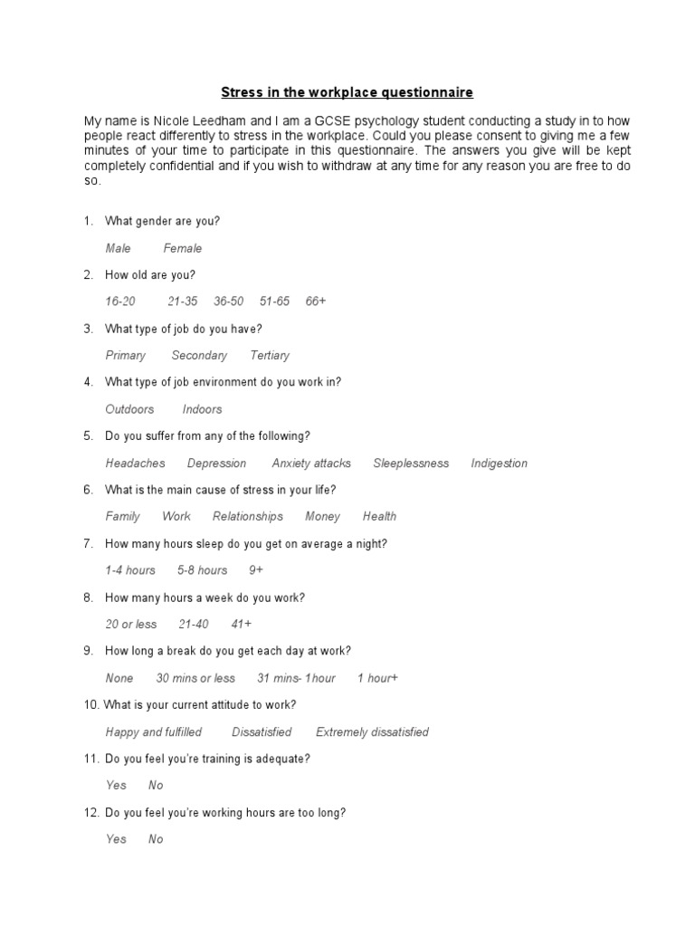 Workplace Stress Questionnaire Survey | PDF | Occupational Stress ...