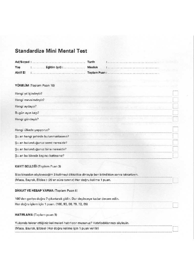 Eğitimliler Için Standardize Mini Mental Test 2 | PDF
