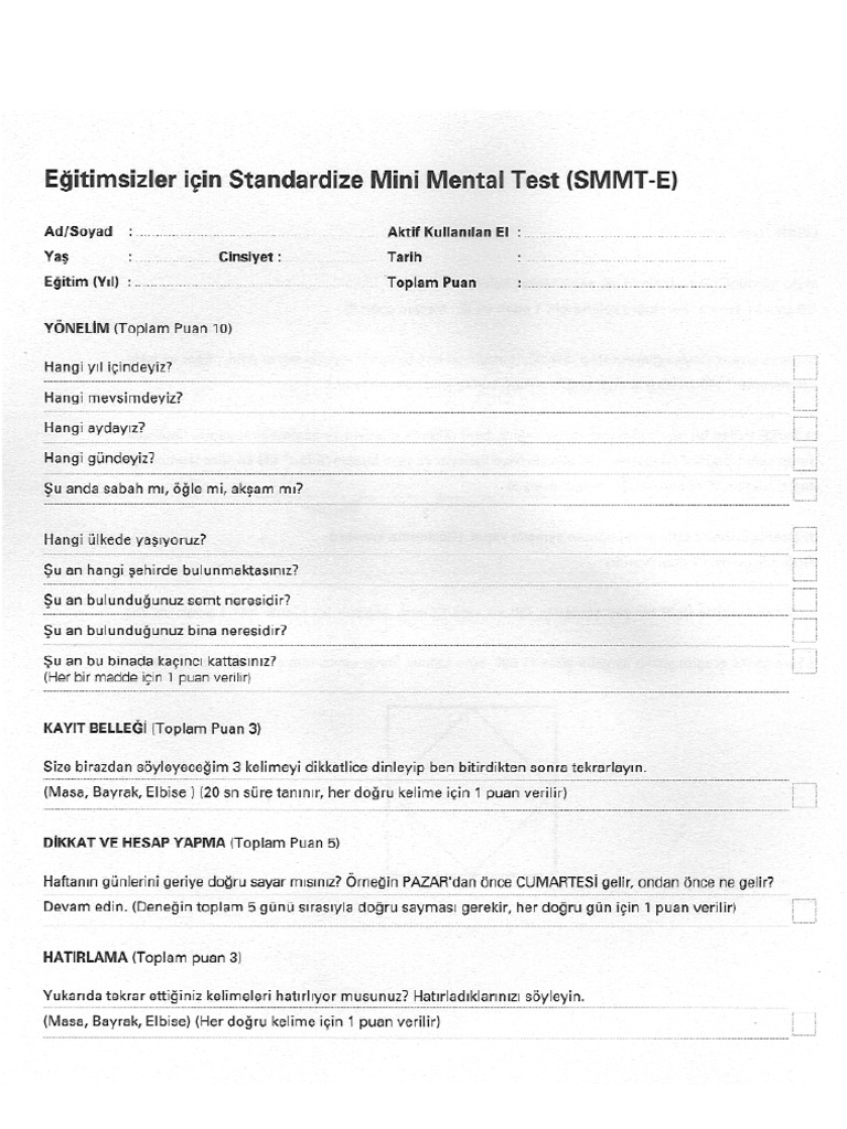 Eğitimsizler Için Standardize Mini Mental Test | PDF