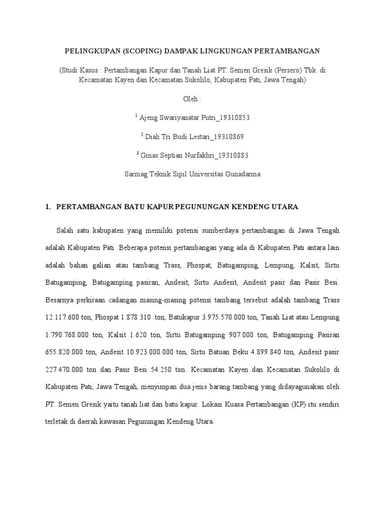 Pelingkupan (Scoping) Dampak Lingkungan Pertambangan: 1. Pertambangan ...