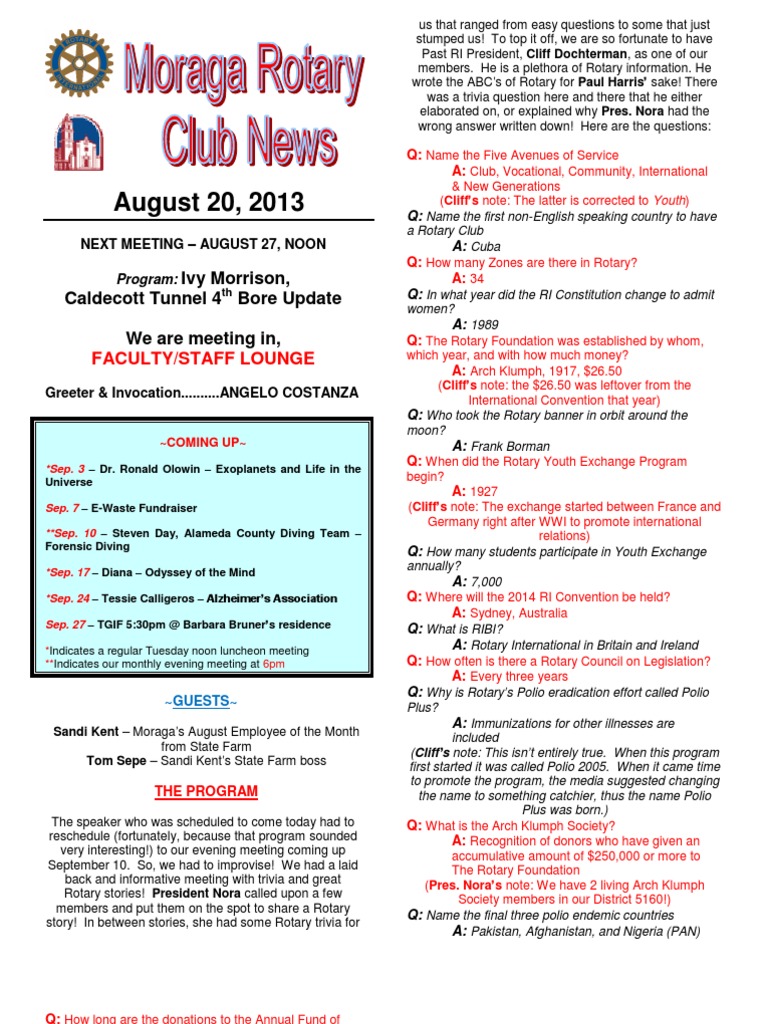 Rotary Club of Moraga Newsletter For August 20th, 2013 | PDF | Welfare ...